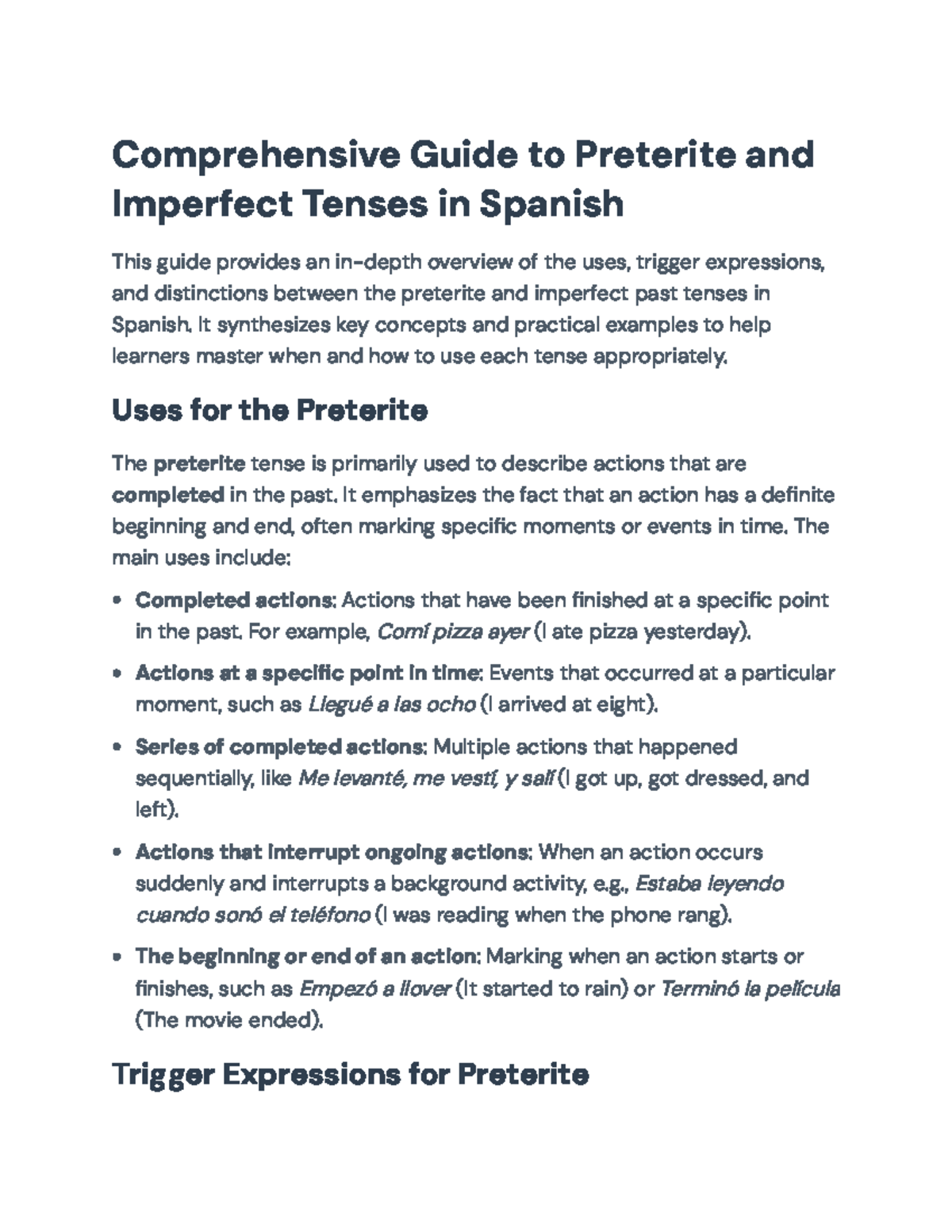 Comprehensive Study of Preterite & Imperfect Tenses in Spanish - Studocu