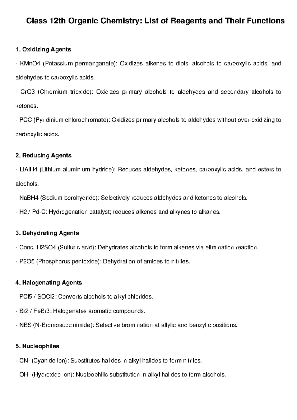 Class 12 Organic Chemistry Reagents: Functions and Examples - Studocu