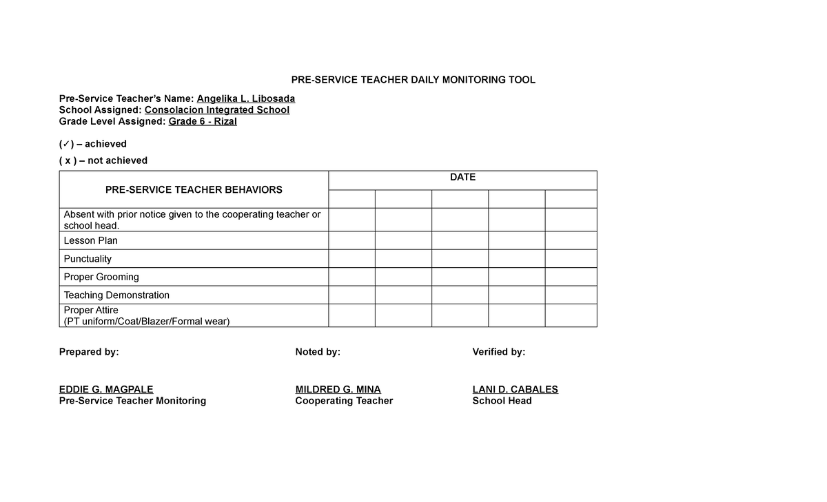 TEACHER DAILY MONITORING TOOL - CONSOLACION INTEGRATED SCHOOL - Studocu