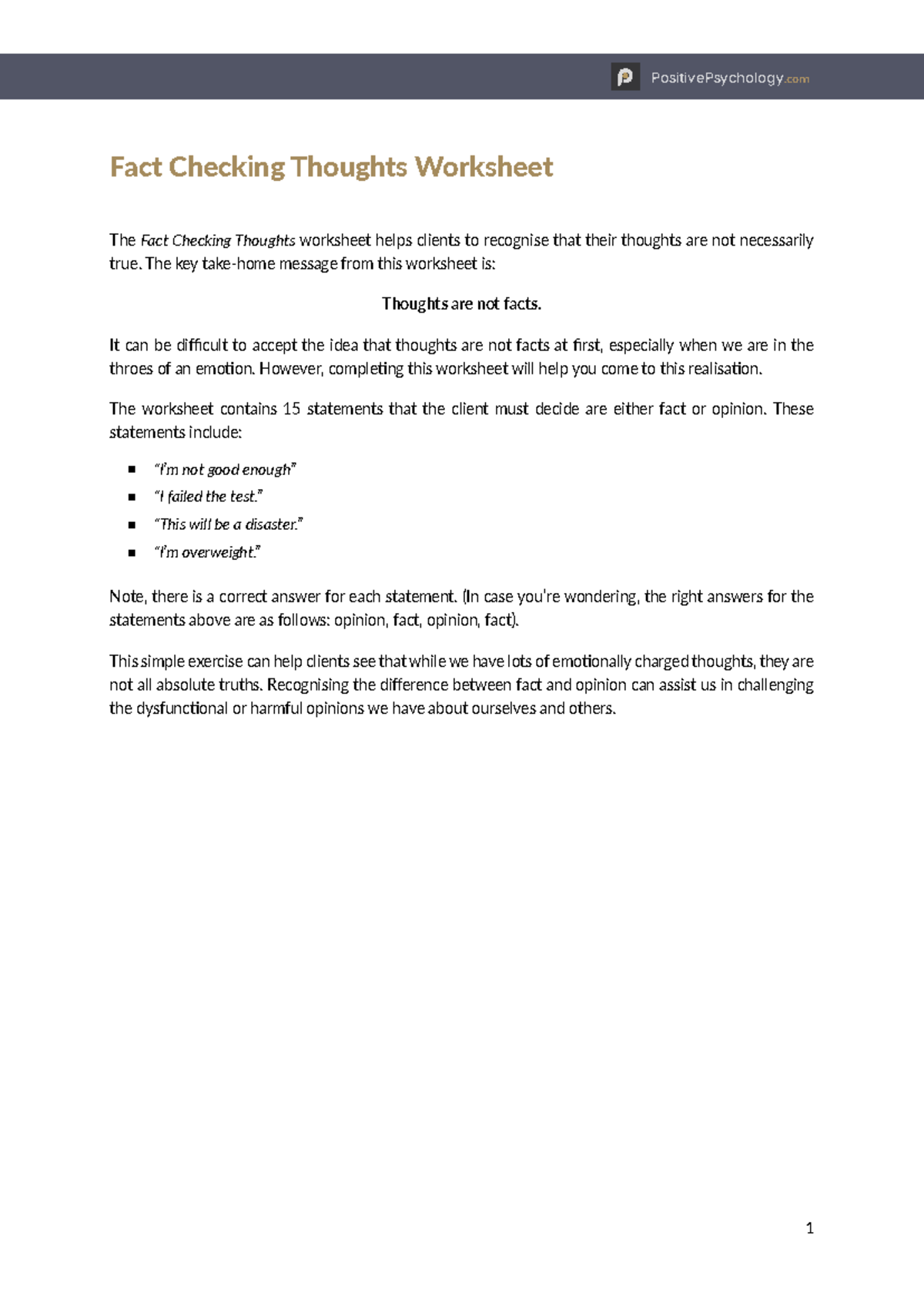 4Fact Checking Thoughts Worksheet - PositivePsychology 1 Fact Checking ...