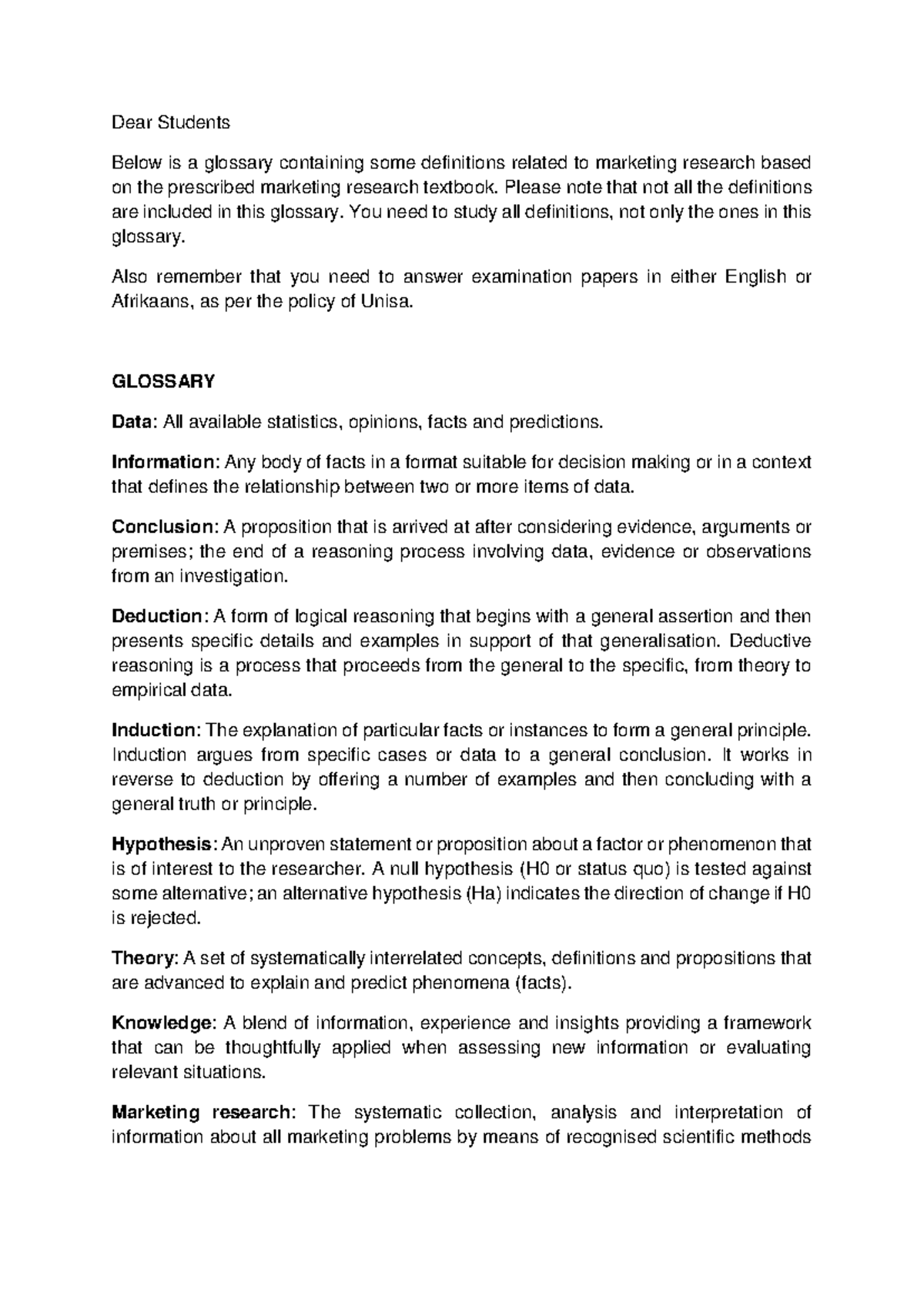 MNM3702 English Marketing Research Glossary Definitions - Studocu