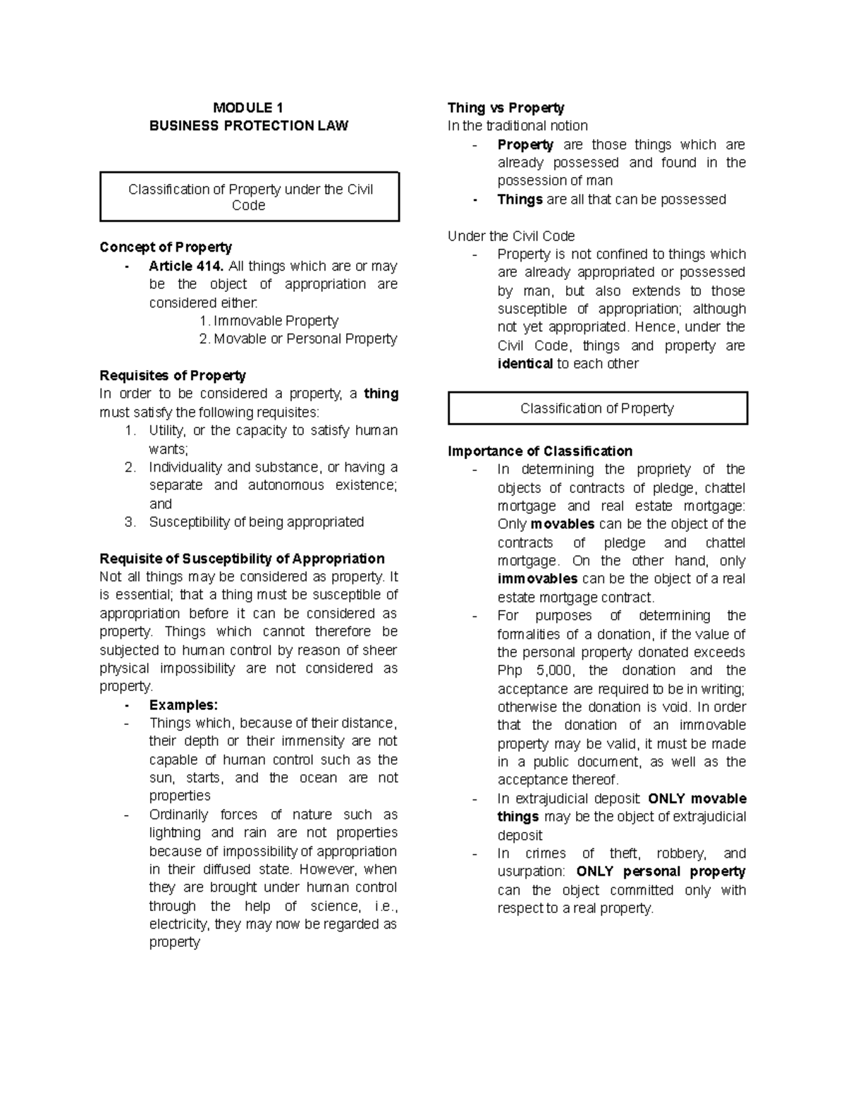MODULE 1: BUSINESS PROTECTION LAW - Classification of Property - Studocu