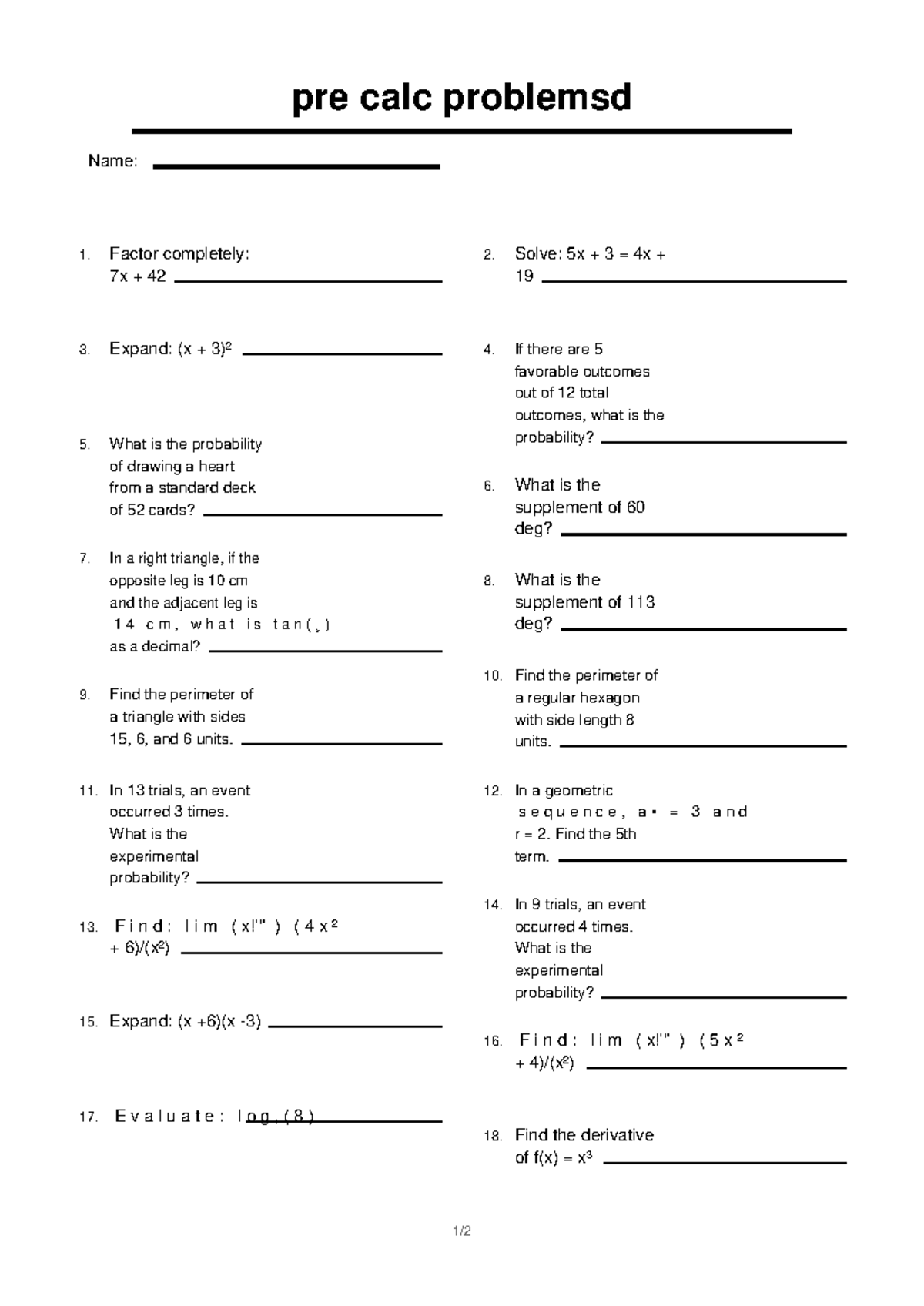 Pre Calc Problems: Comprehensive Practice Questions - Studocu