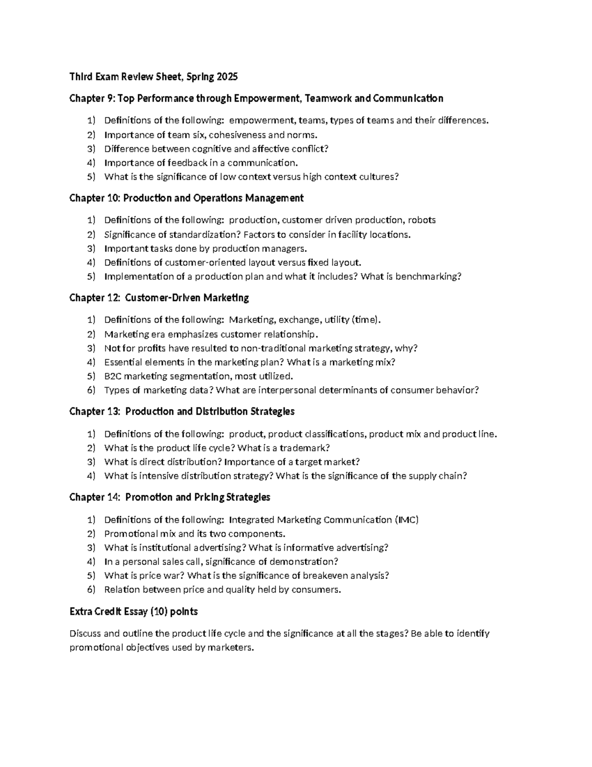 Third Exam Review Sheet, Spring 2025: Empowerment, Operations ...