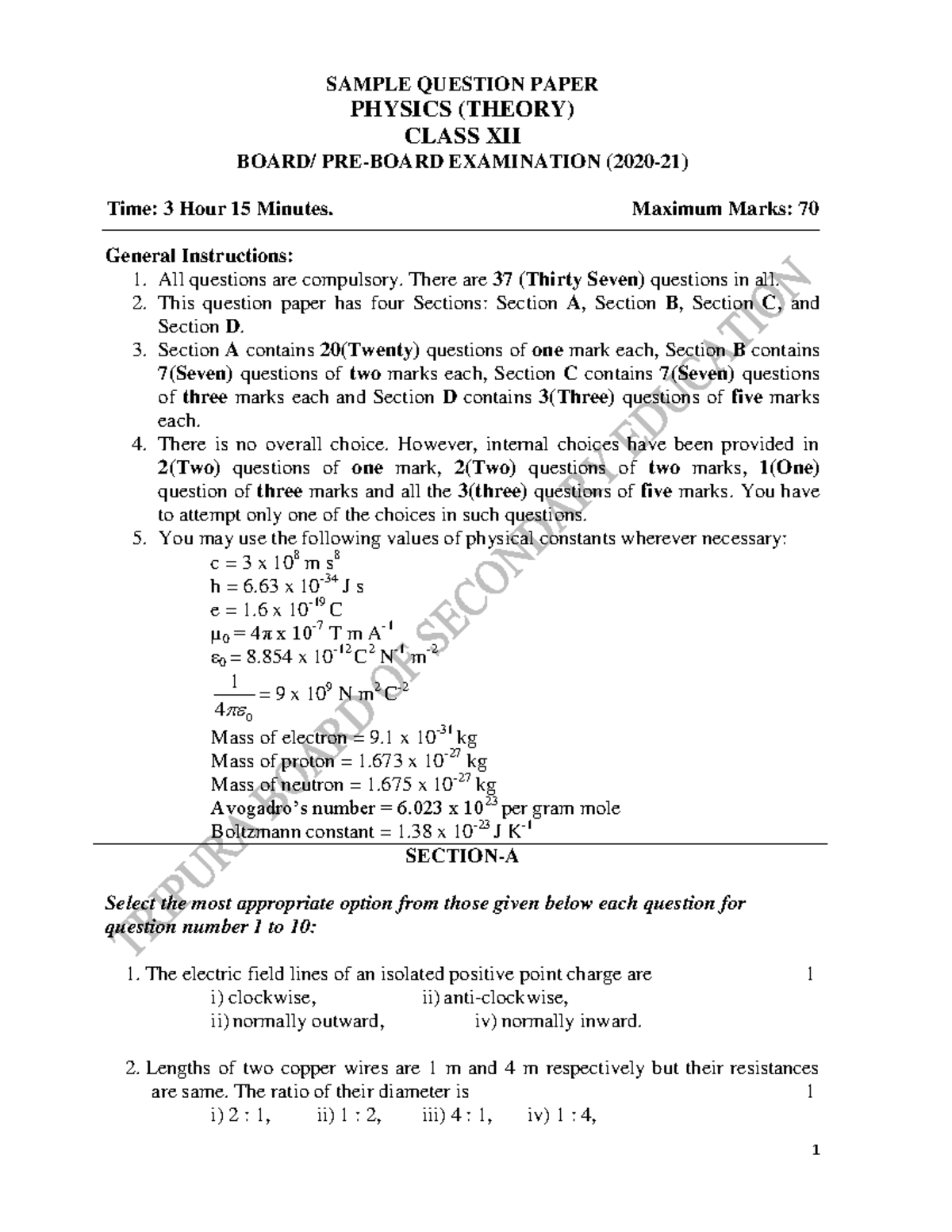 Sample Question Paper: Physics Theory Class XII Exam - Studocu