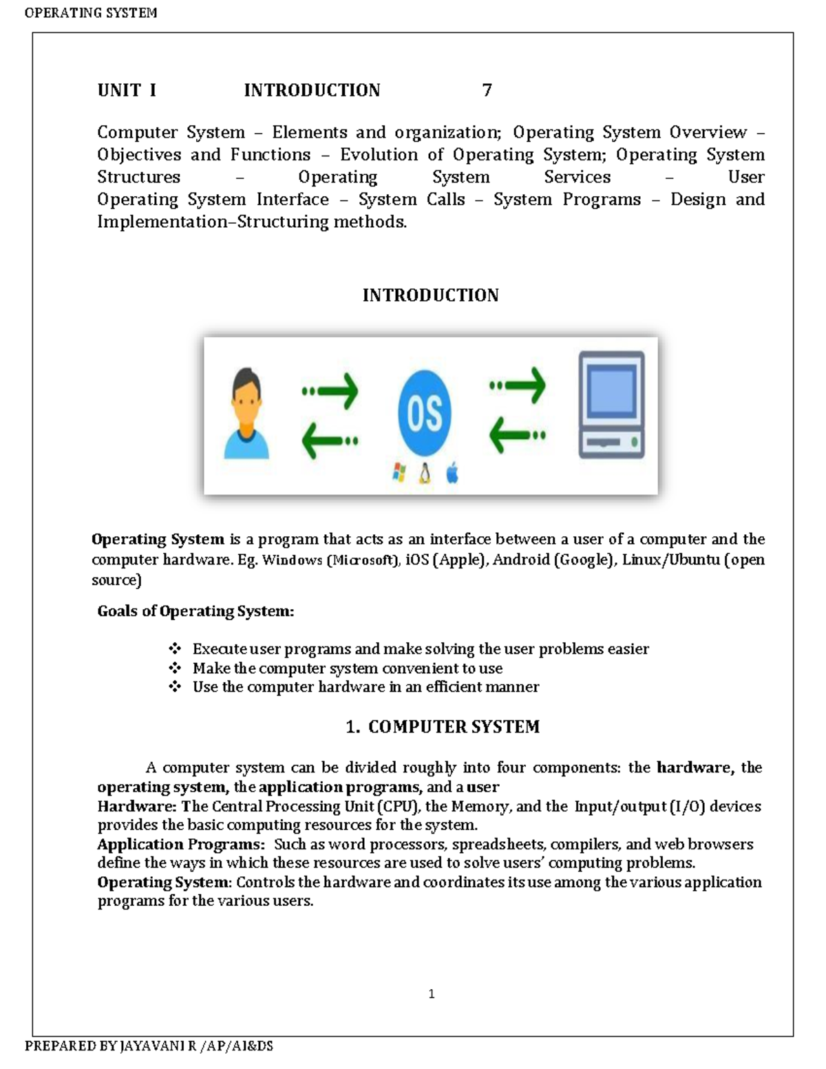 OS UNIT I: Introduction to Computer Systems & Operating Systems - Studocu