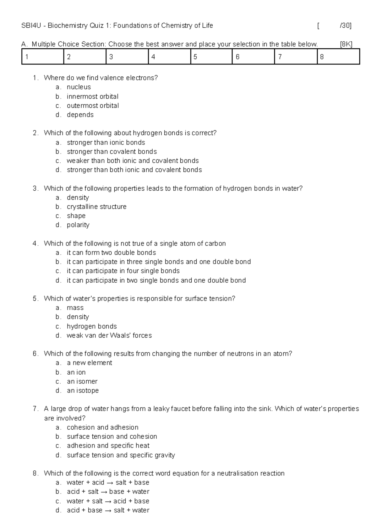 SBI4U - Biochemistry Quiz Series: Foundations, Macromolecules & Enzymes ...