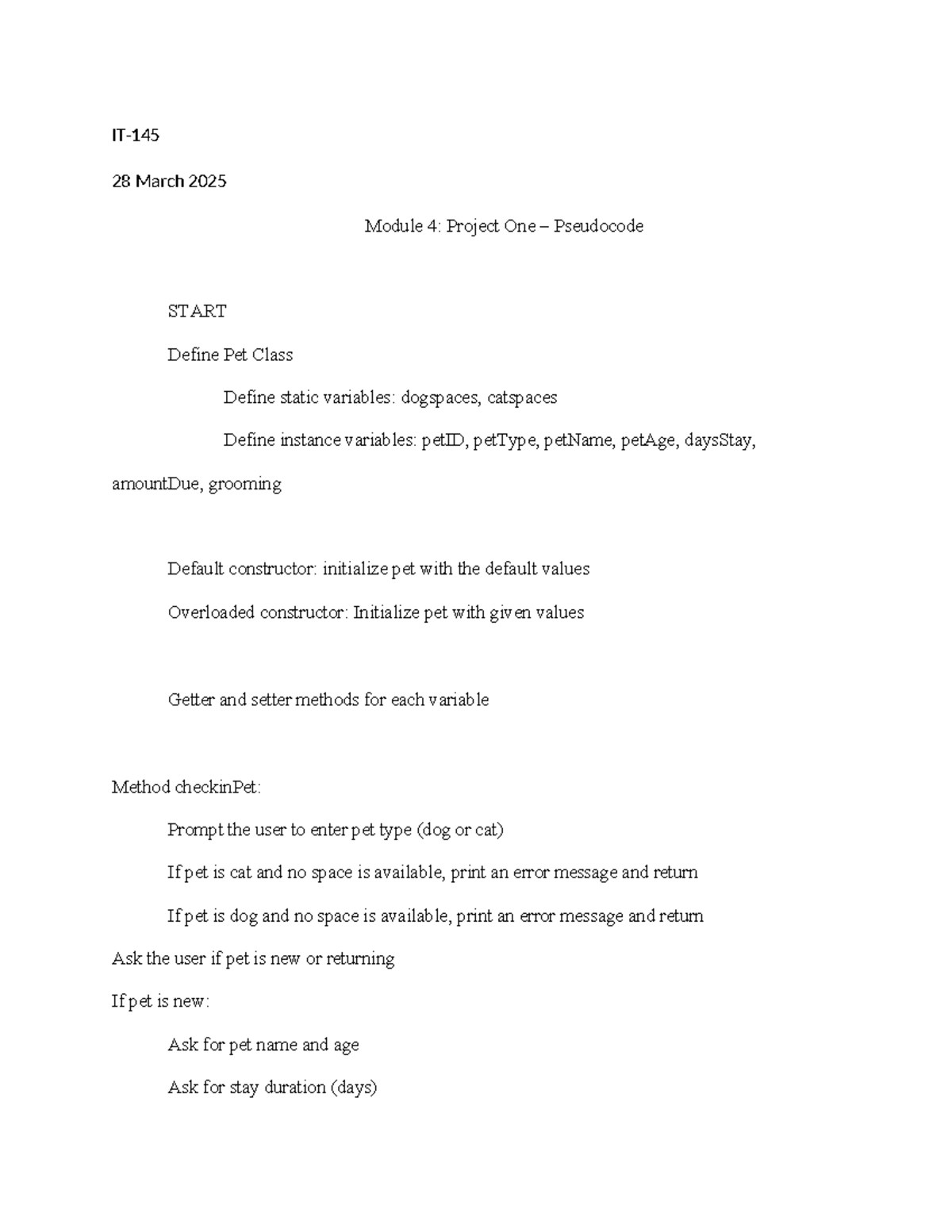Module 4: Project One Pseudocode for Pet Class Management - Studocu