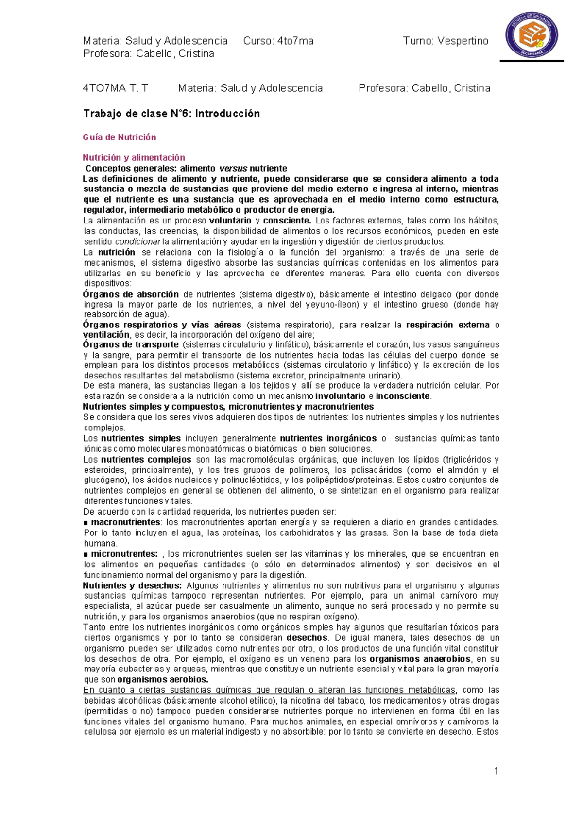 Trabajo N°7: Continuidad Pedagógica en Salud y Adolescencia - E.E.S ...