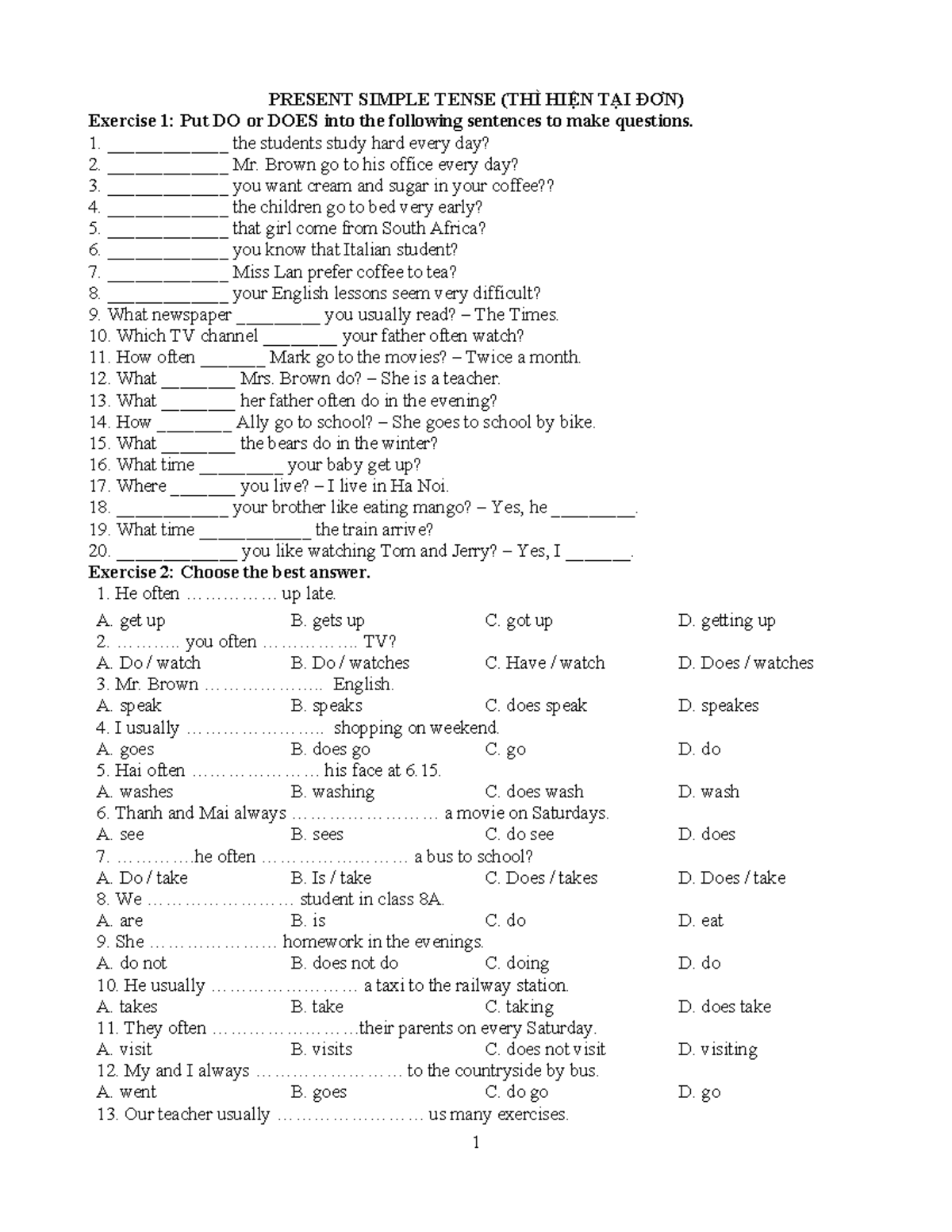 PRESENT SIMPLE TENSE (THÌ HIỆN TẠI ĐƠN) Exercises and Practice - Studocu