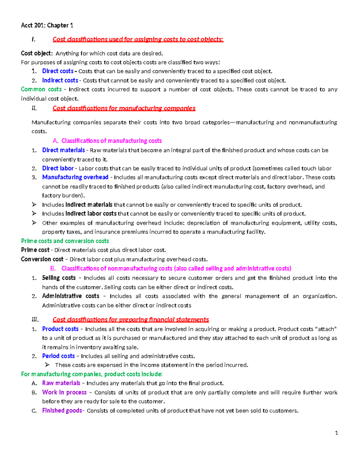 Acct 201 Chapter 1 Cost Classifications Overview and Key Concepts - Studocu