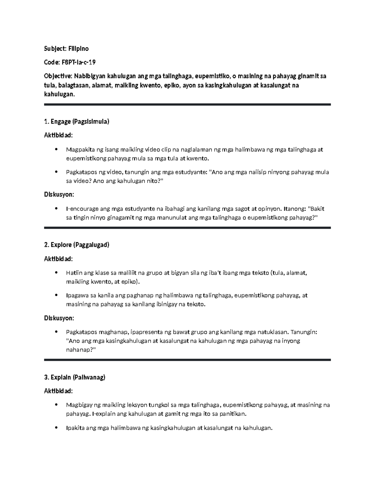 Lesson Plan For Filipino 8 - Subject: Filipino Code: F8PT-la-c ...