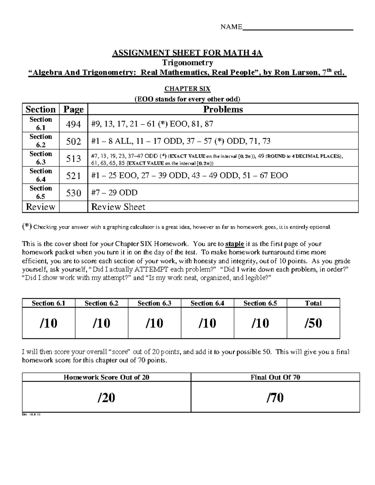 Math 4A Assignment Sheet: Trigonometry CH 6 Homework FALL 2022 - Studocu