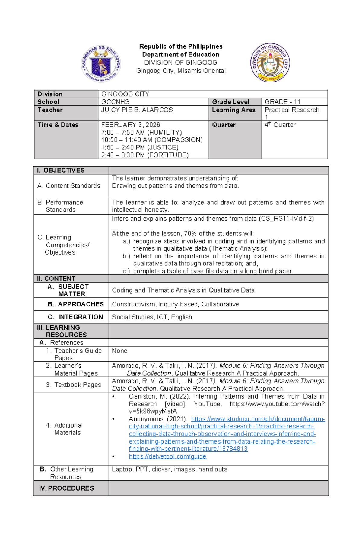 Lesson Plan 2: Coding and Thematic Analysis (G11 Practical Research ...