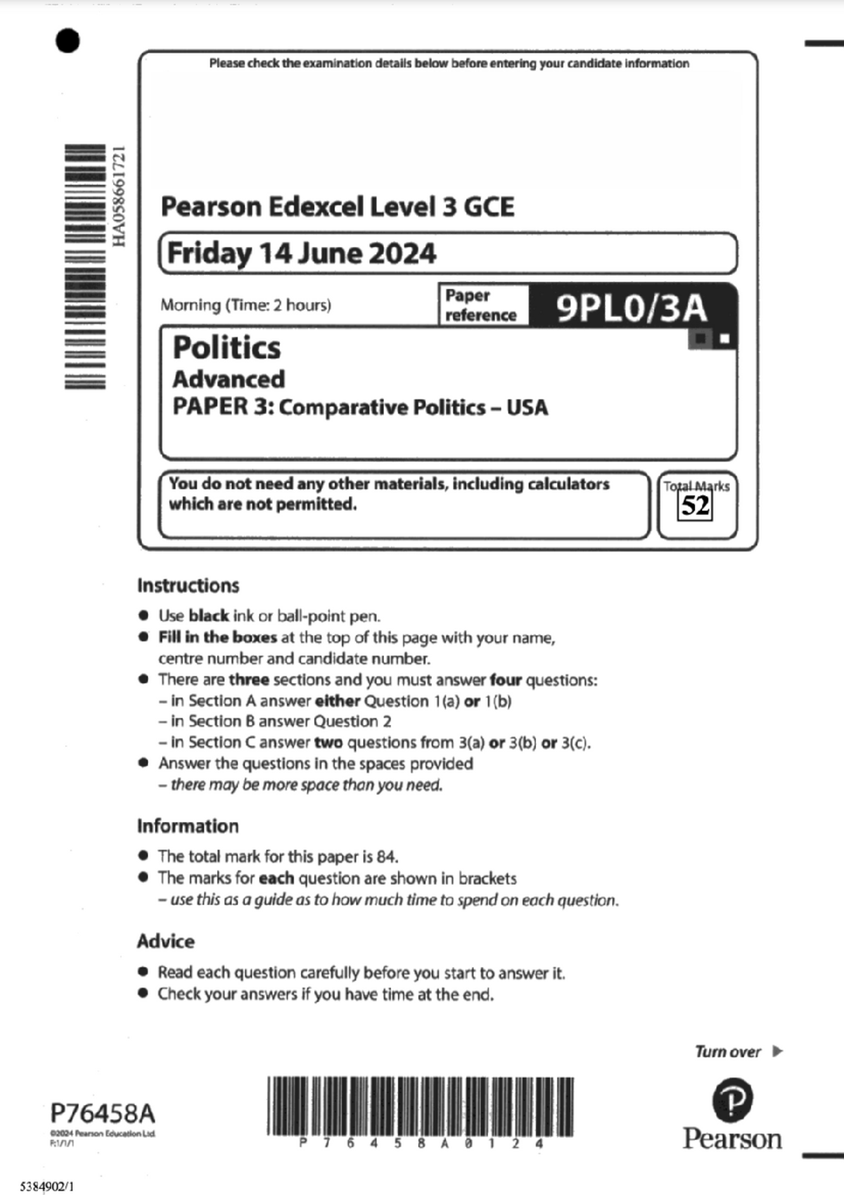 Politics Advanced GCE Paper 3: Comparative Politics USA Exam Details ...