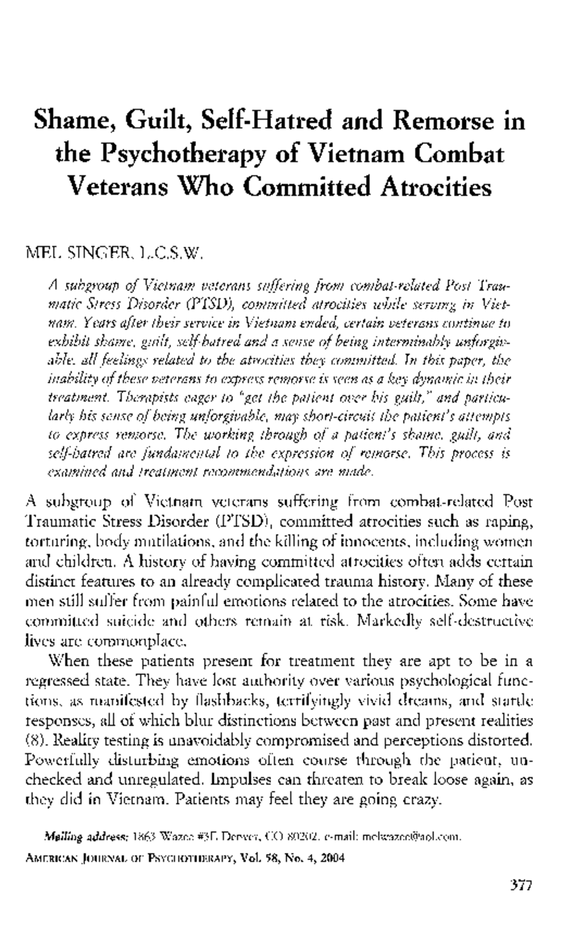 Shame, Guilt, and Remorse in Vietnam Veterans' PTSD Treatment - Studocu