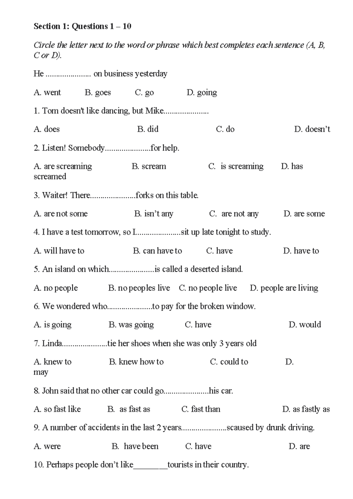 Test - English Language Practice Questions (Section 1-4) - Studocu