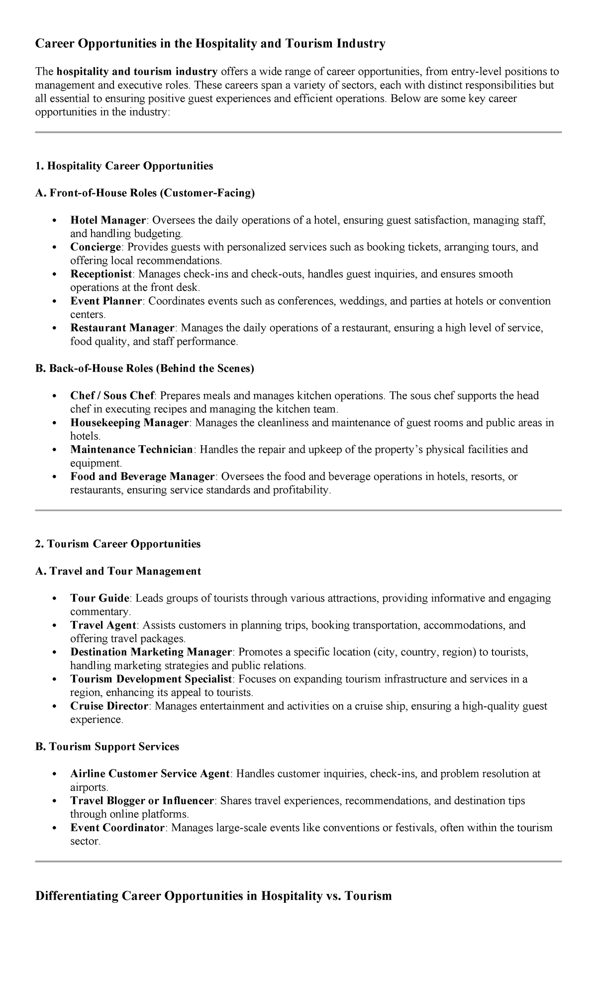 Career Opportunities in Hospitality & Tourism Industry Overview - Studocu