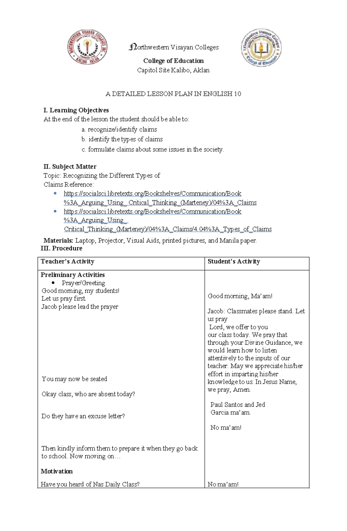 Detailed Lesson Plan in English 10: Understanding Claims Types - Studocu