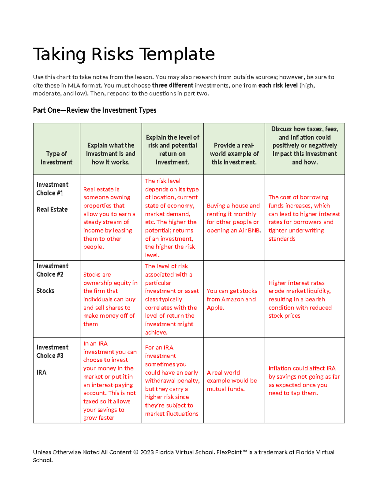 FLVS Taking Risks: Investment Choices & Impact Analysis Template - Studocu