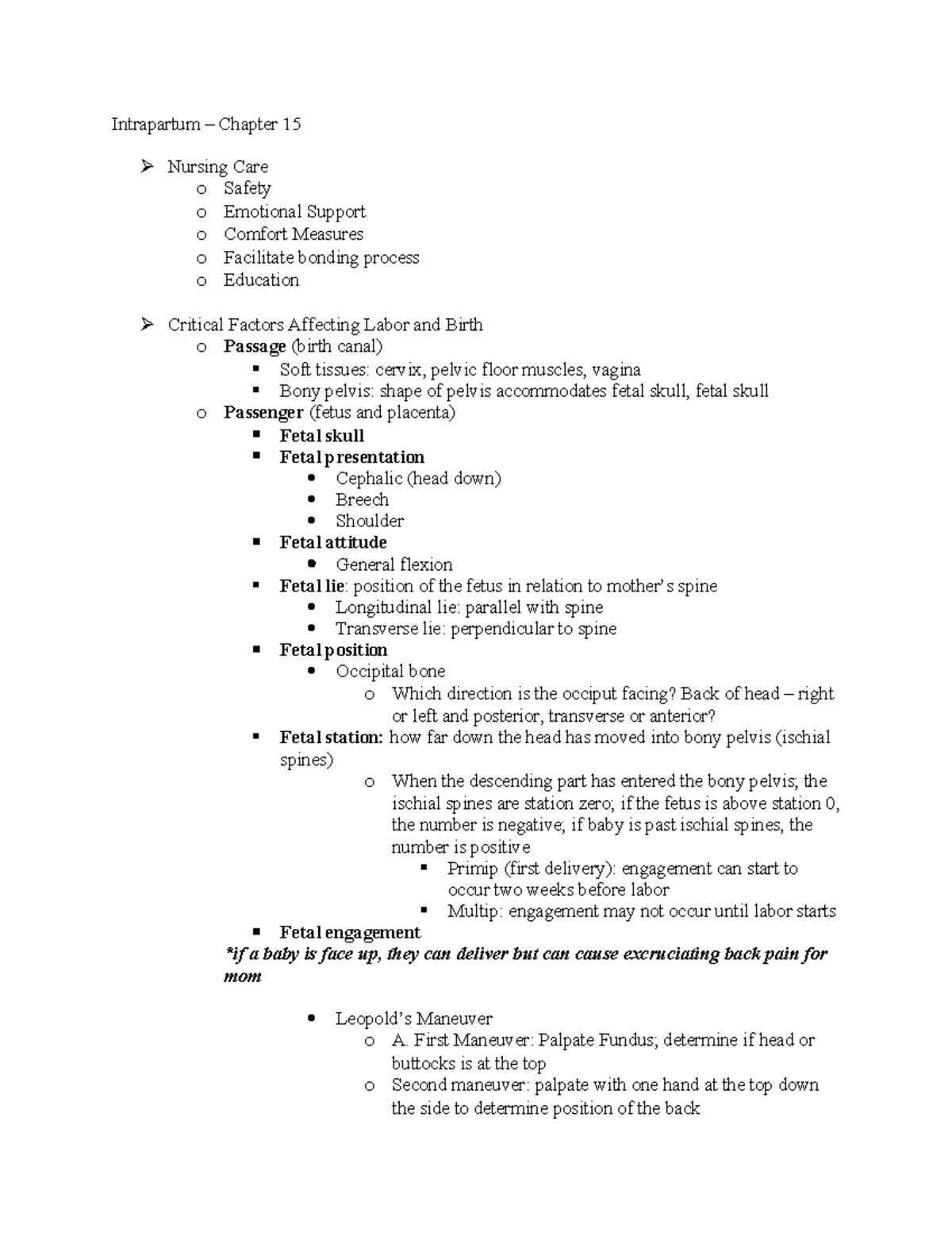 Intrapartum Nursing Care – Chapter 15 Study Notes (NUR 201) - Studocu