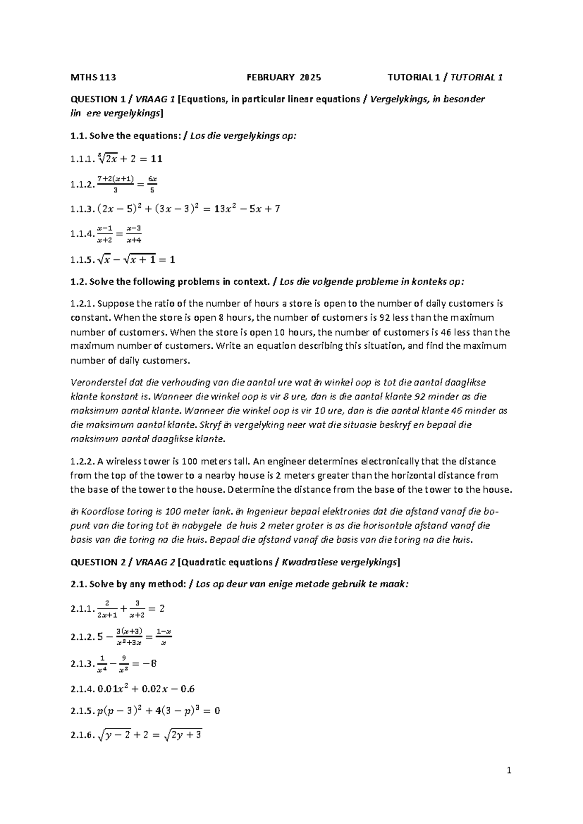 MTHS 113 Tutorial 1: Equations and Applications - February 2025 - Studocu