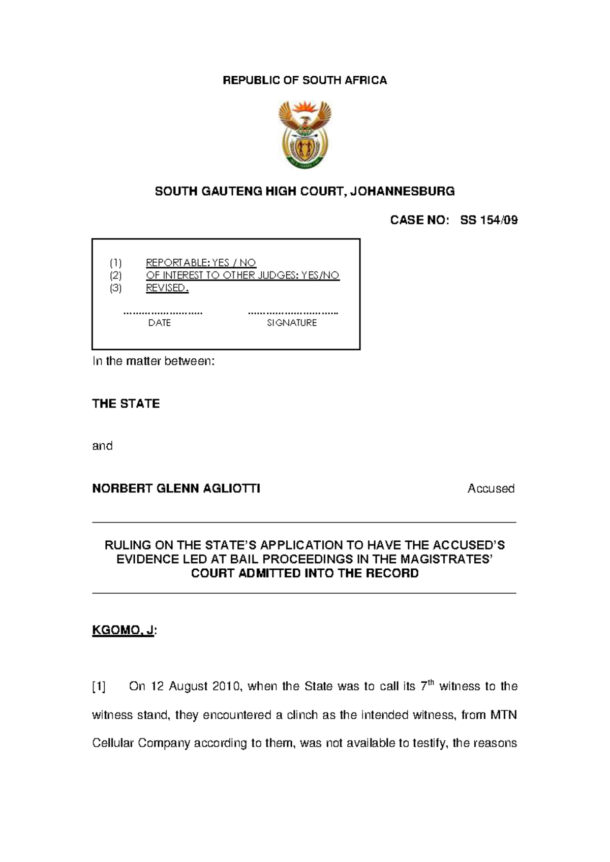 Agliotti Case Study: Discharge Principle & Admissibility of Bail ...