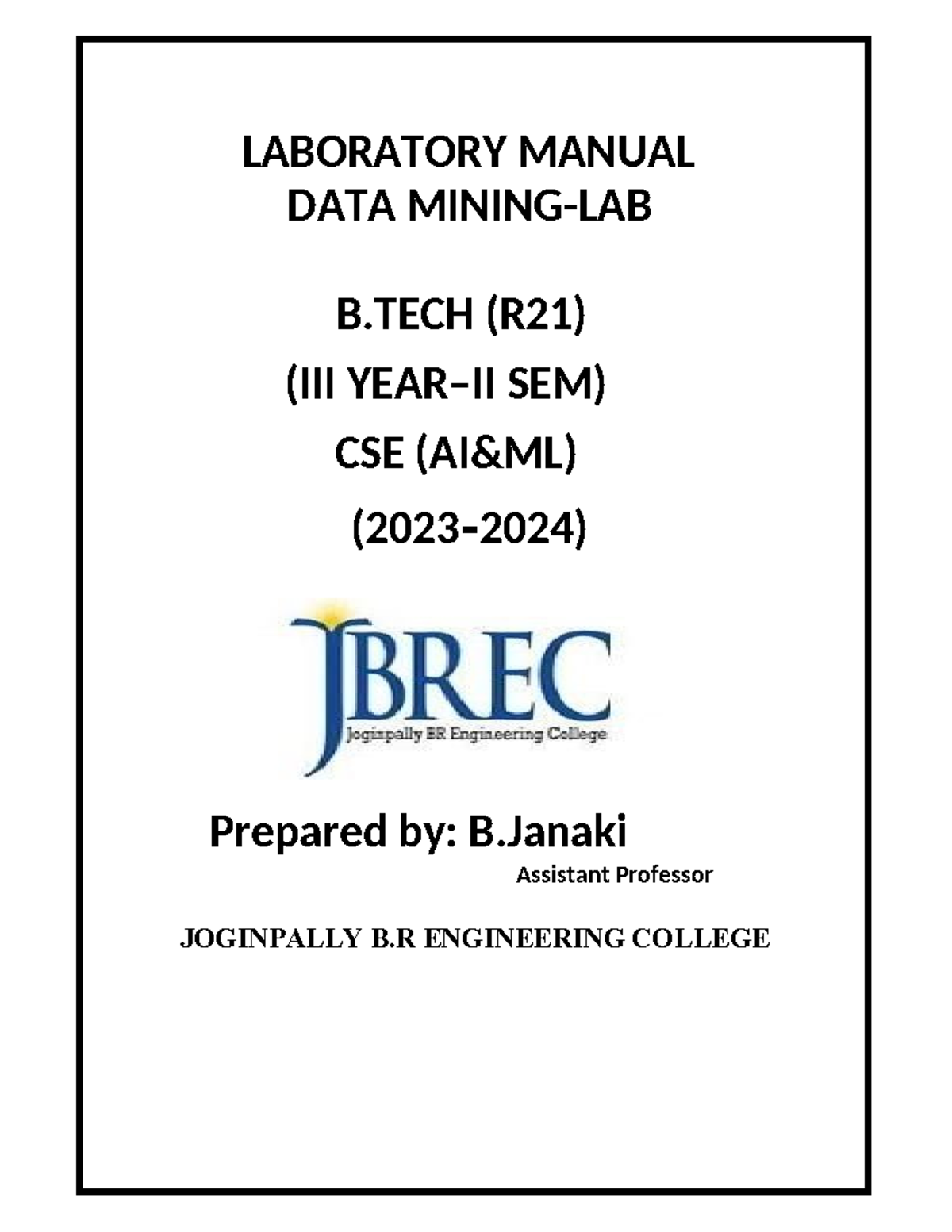 Data Mining Lab Manual for B.Tech CSE (AI&ML) - 2022-2023 - Studocu