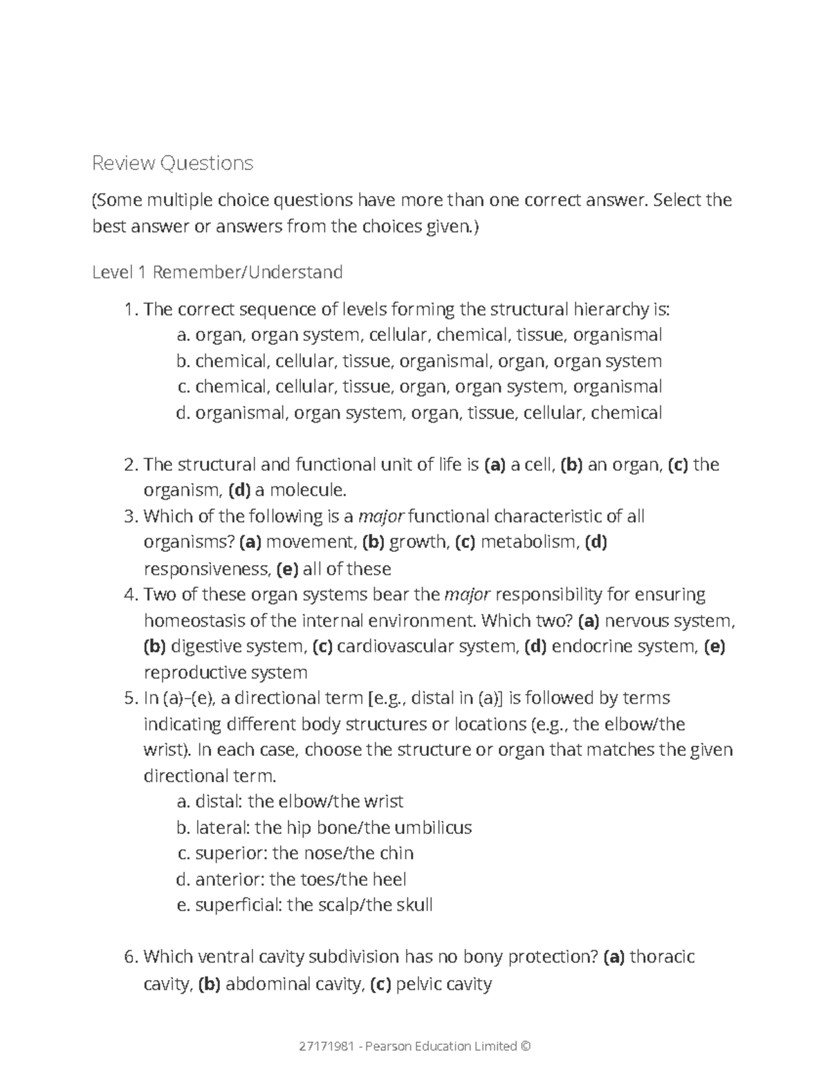 Anatomy & Physiology Review Questions: Levels 1 & 2 (27171981) - Studocu