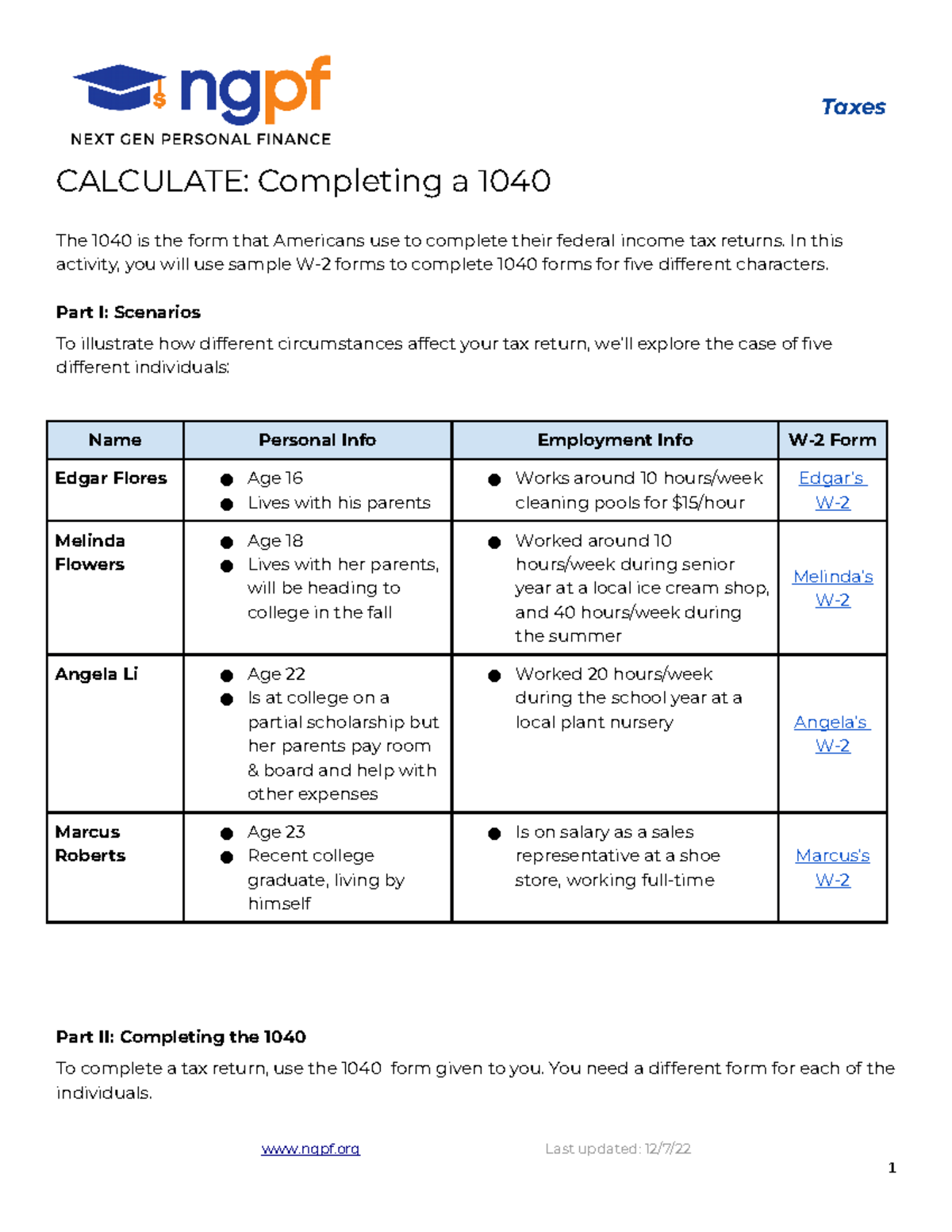 1040 Tax Return Calculation for Various Scenarios - Exercise Guide ...