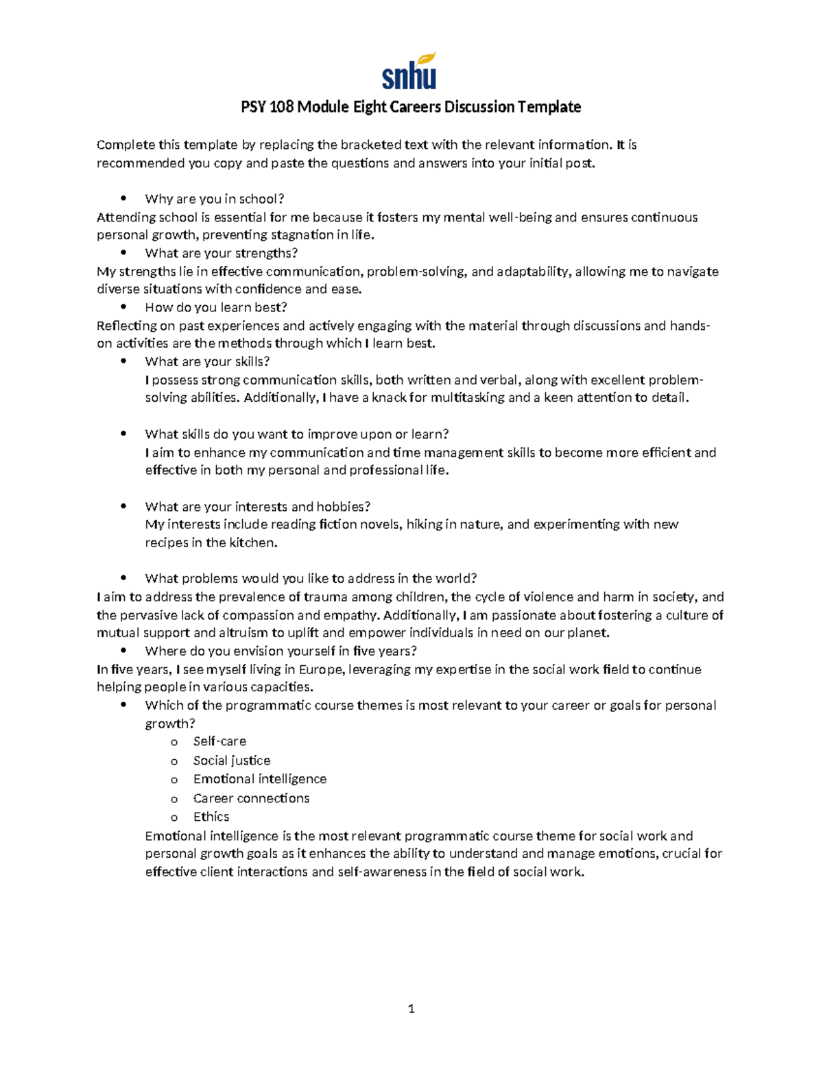 PSY 108 Module Eight Careers Discussion 8-1 - It is recommended you ...