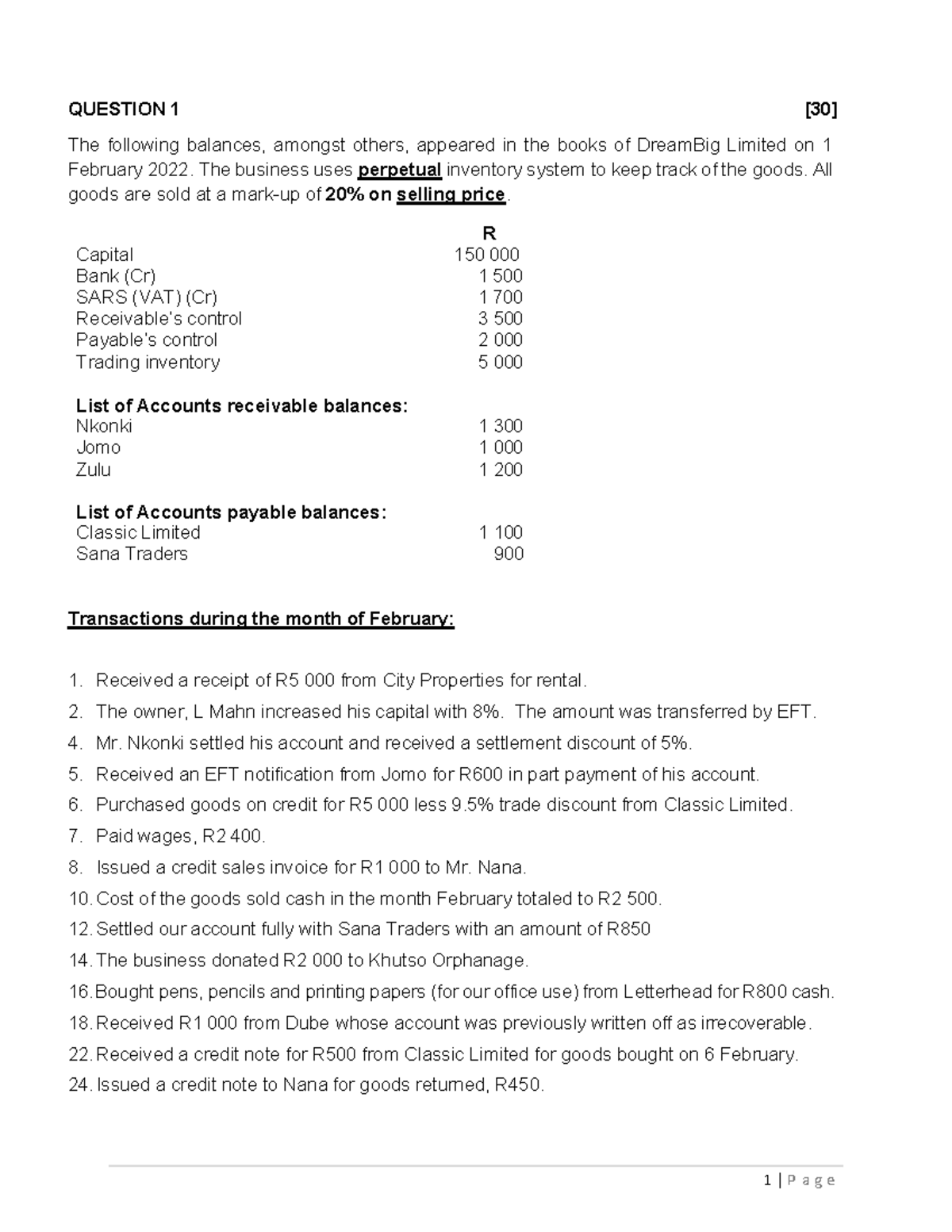 Accounting Practice: DreamBig & Mkhize Traders Transactions - Studocu