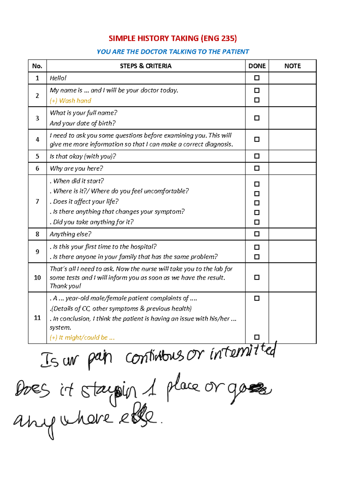 SIMPLE HISTORY TAKING GUIDE (ENG 235) FOR DOCTOR-PATIENT INTERACTION ...
