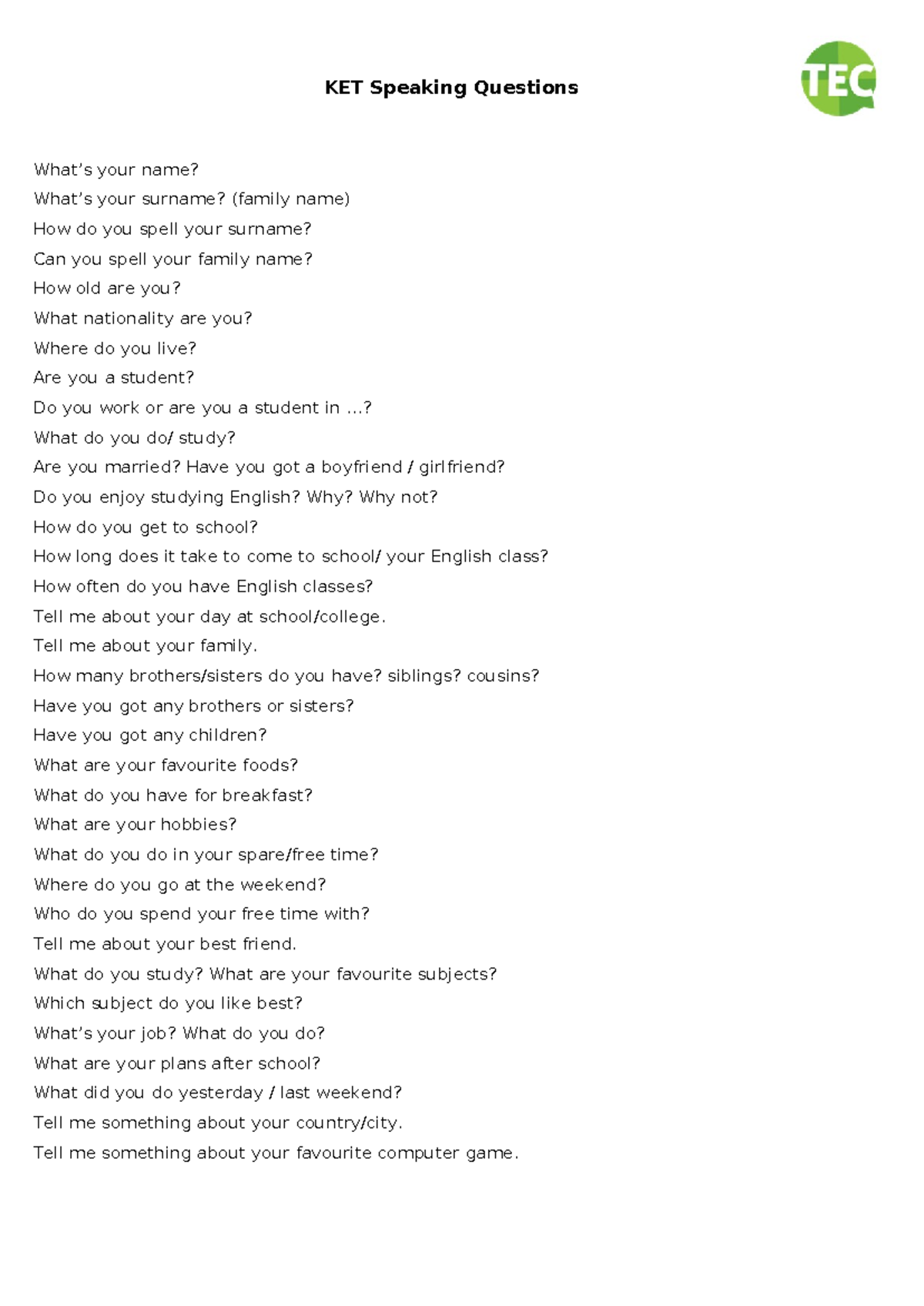KET Speaking Questions: Personal Information & Daily Life - Studocu