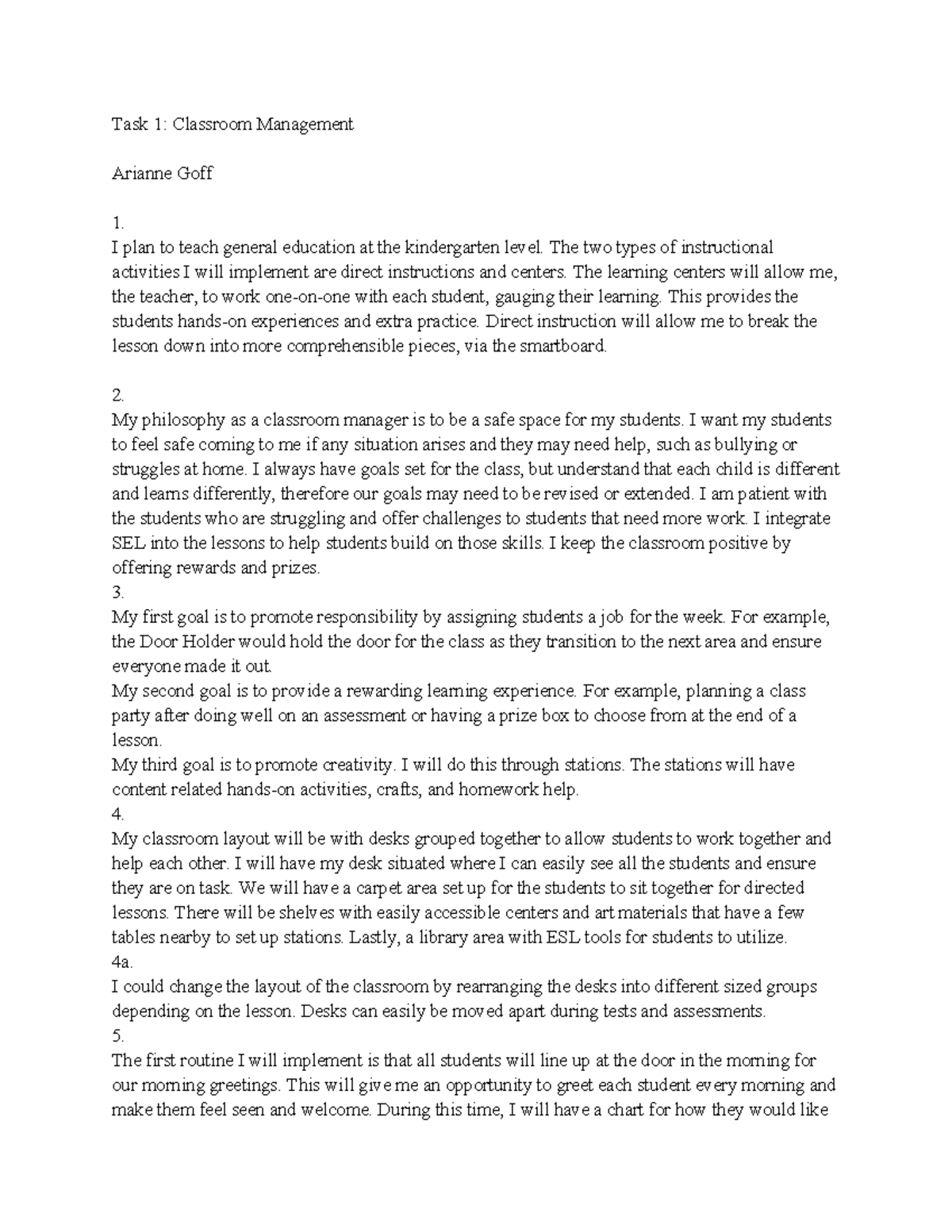 D095 Task 1: Classroom Management Strategies for Kindergarten Teaching - Studocu