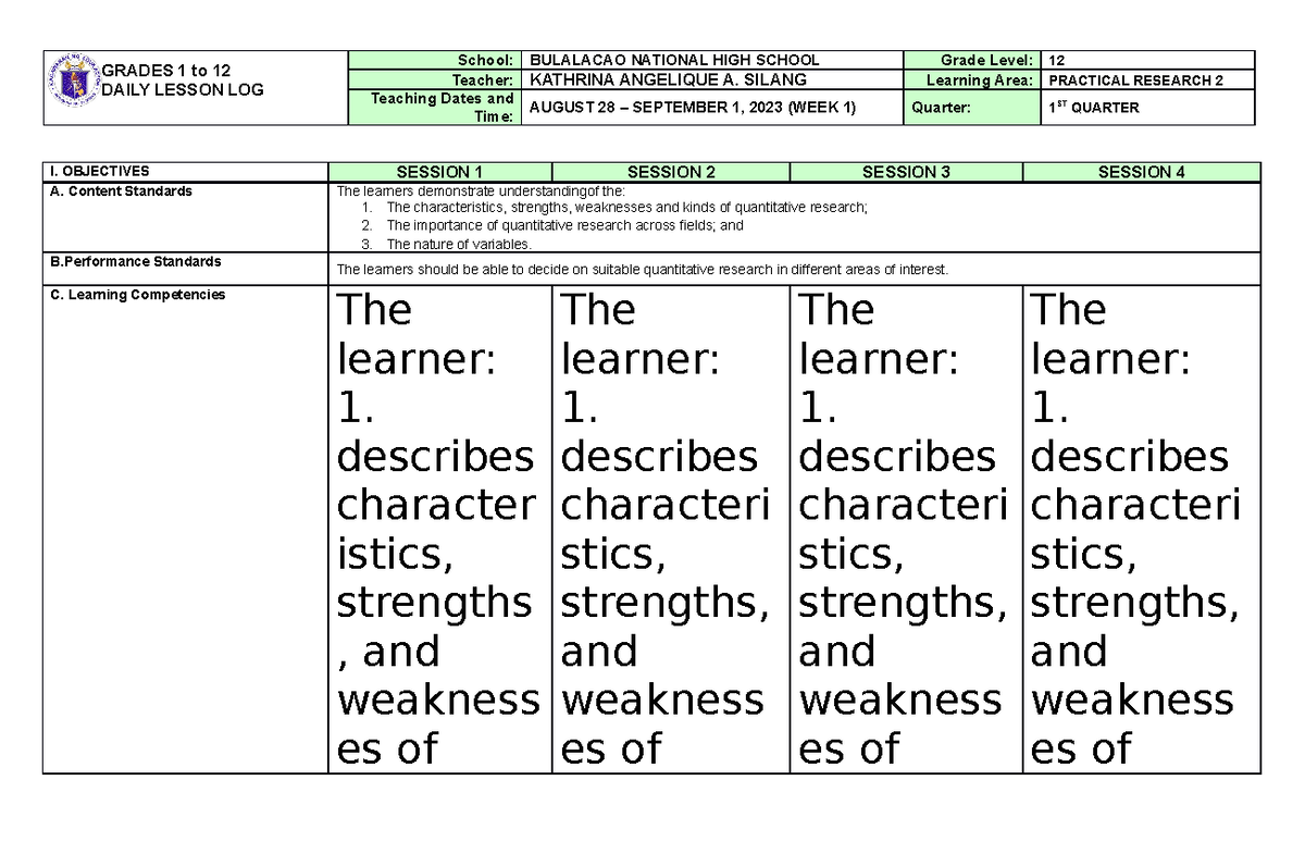 DLL PR2 Q1 W1 - Realistic Daily Lesson Log in Practical Research 2 Week ...