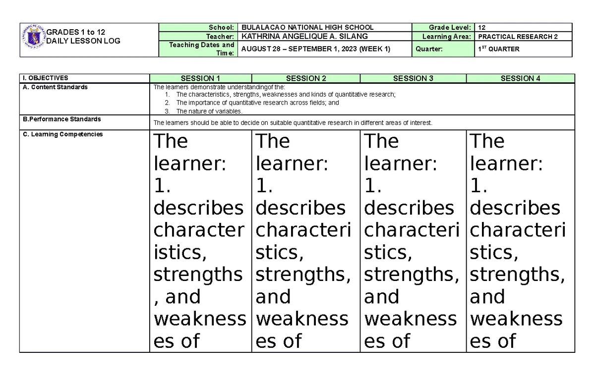 DLL PR2 Q1 W1 - Realistic Daily Lesson Log in Practical Research 2 Week 1 - GRADES 1 to 12 DAILY ...