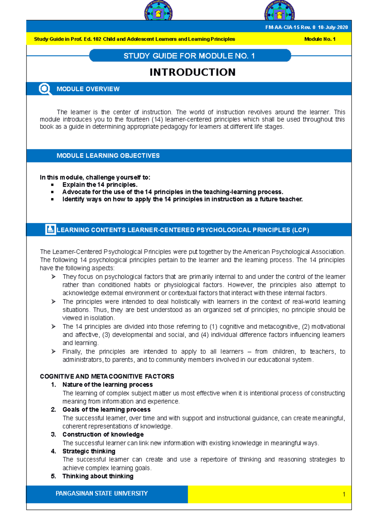 Study Guide for PROF ED 102: Child & Adolescent Learners Module 1 - Studocu