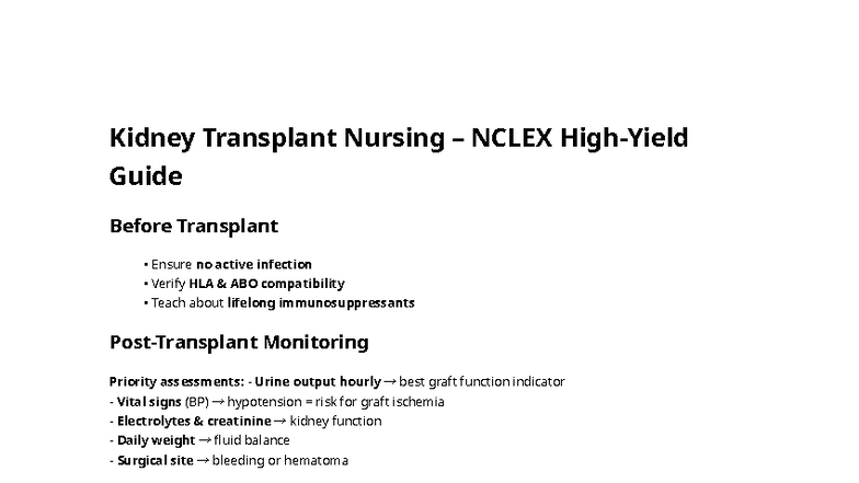 Kidney Transplant NCLEX Study Guide: Key Nursing Considerations - Studocu