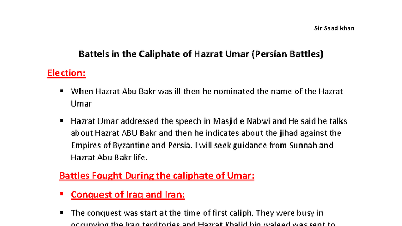 Persian Battles During the Caliphate of Hazrat Umar (HIST 101) - Studocu