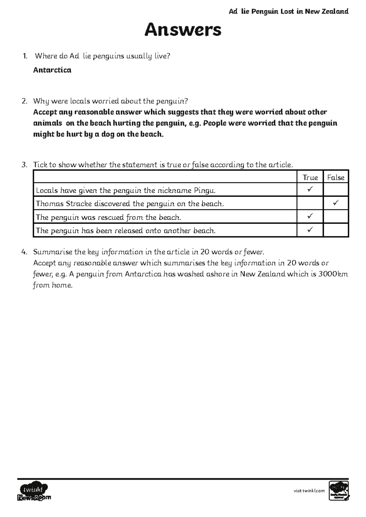 LKS2 Daily Article Answers: Adélie Penguin Lost in New Zealand - Studocu