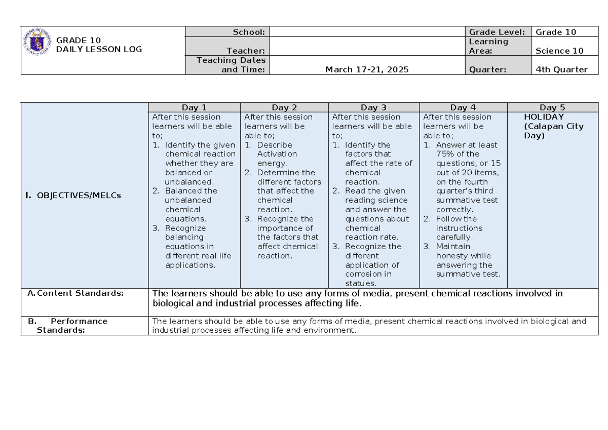 DLL-March 17-21, 2025 - Lesson Plan - GRADE 10 DAILY LESSON LOG School ...