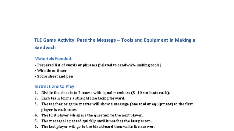 TLE Game Activity: Pass the Message - Tools for Making a Sandwich - Studocu