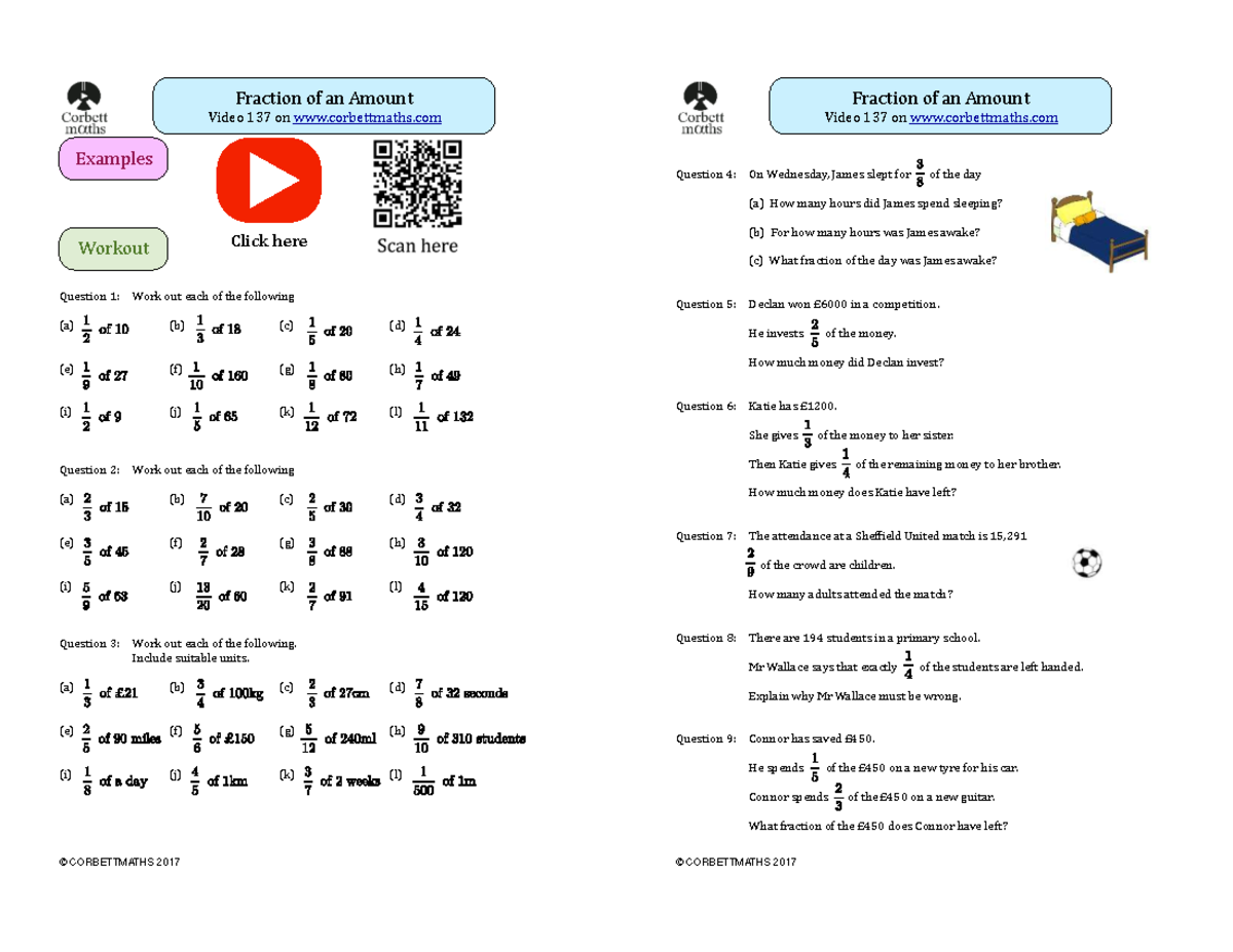 Fraction of an Amount - Math Exercises & Examples (CORBETTMATHS) - Studocu