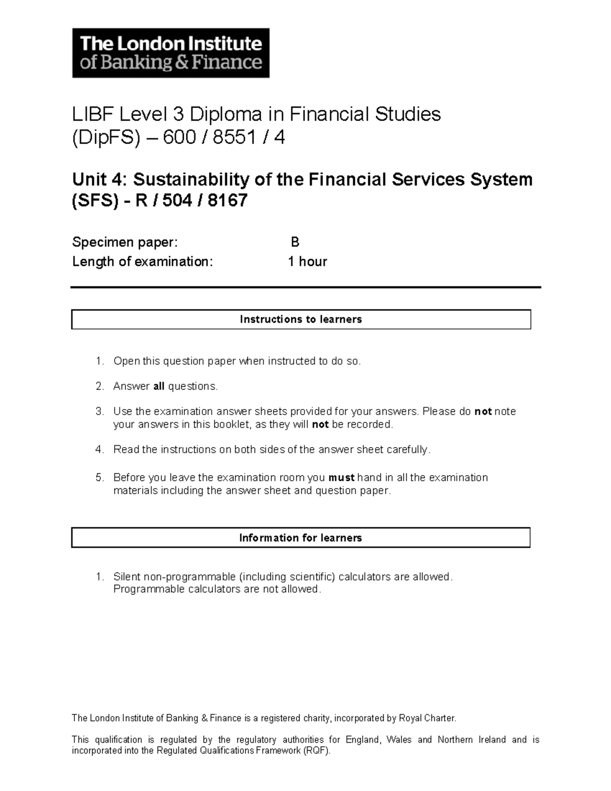 LIBF DipFS Level 3 Unit 4 SFS Specimen Paper B - July 2019 - Studocu