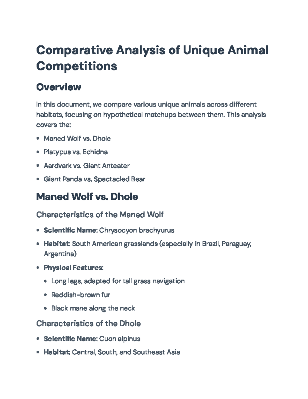 Comparative Analysis of Unique Animal Matchups for Biology 101 ...