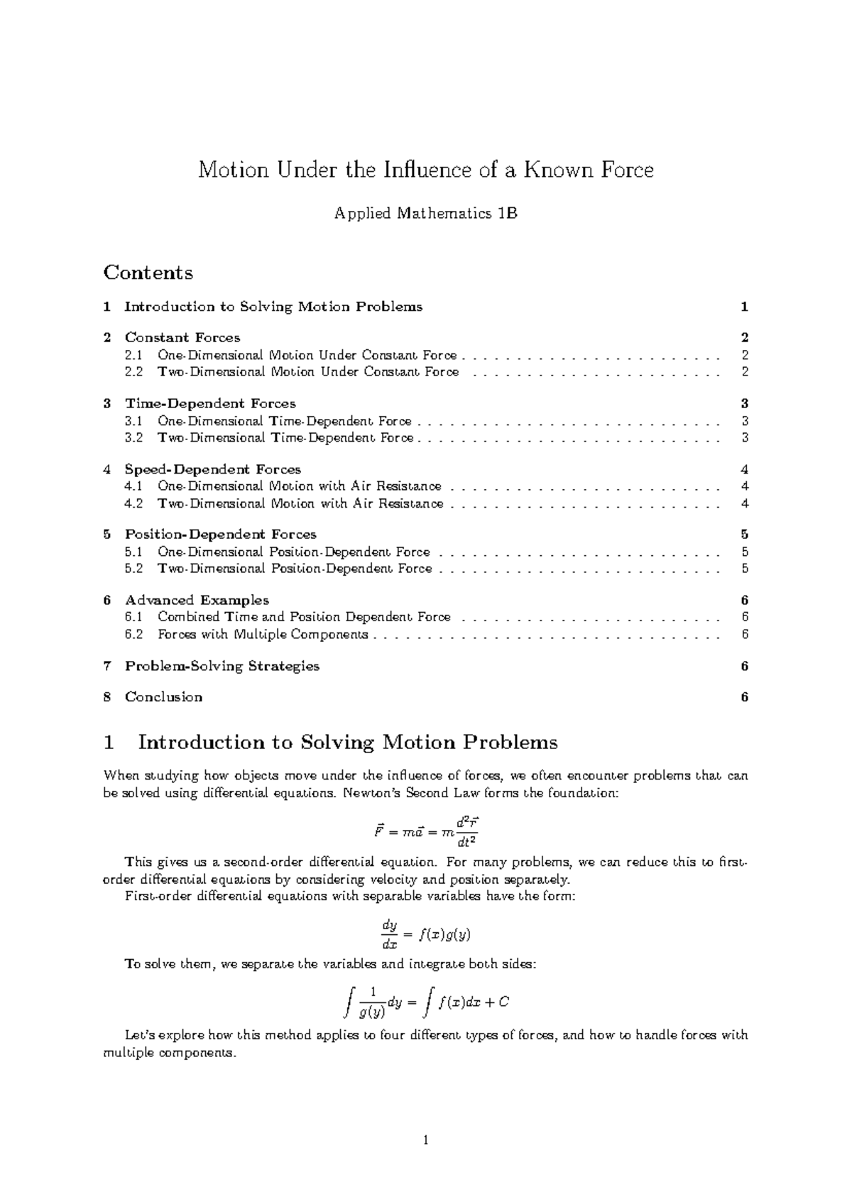Applied Mathematics 1B - Motion Under Known Forces: Chapter 4 Practice Problems - Studocu