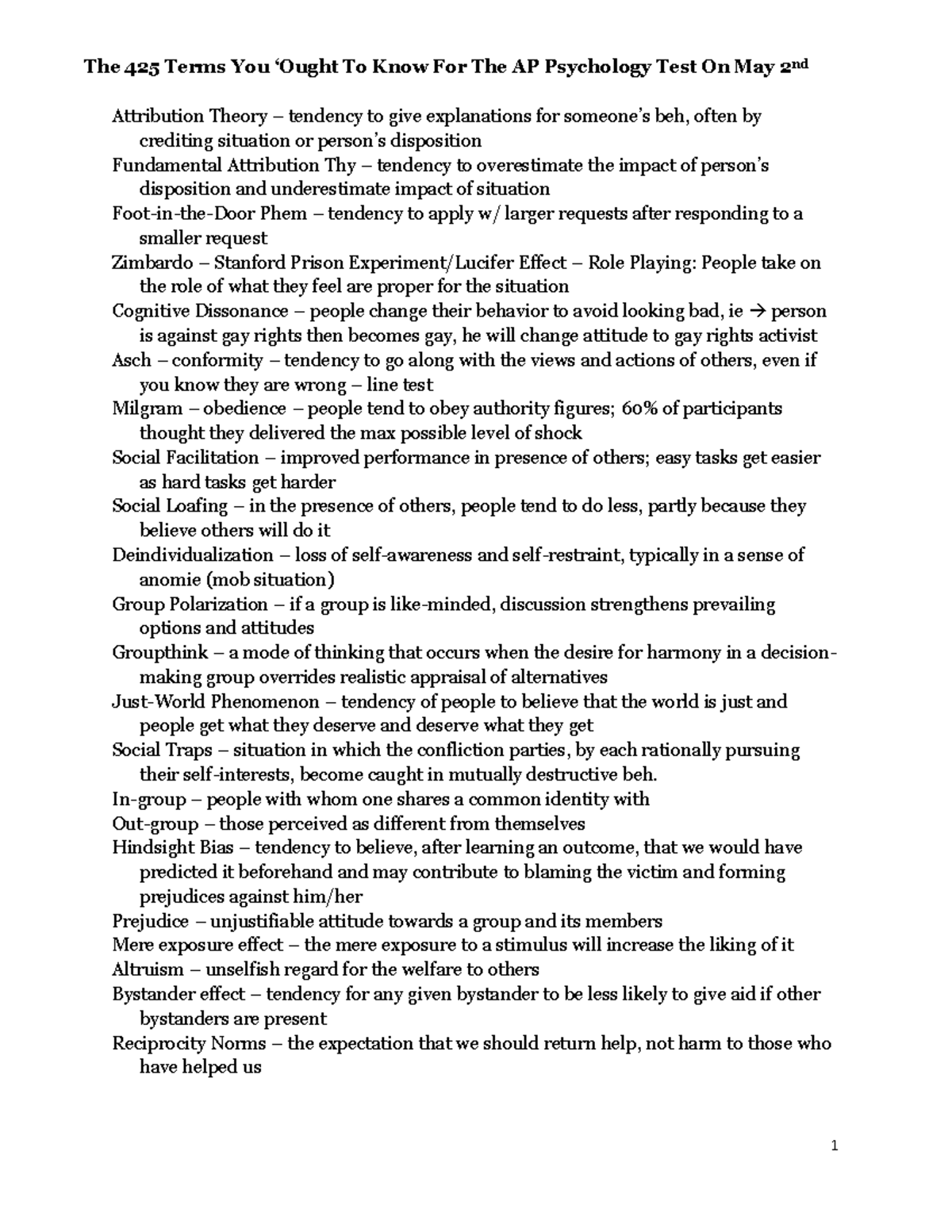 Ap Psychology Exam Terms to Know (425 Terms) - Attribution Theory ...