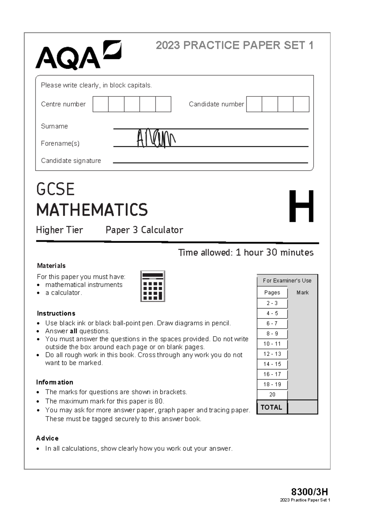 GCSE Maths 8300/3H Practice Paper Set 1 - Exam Questions & Instructions ...