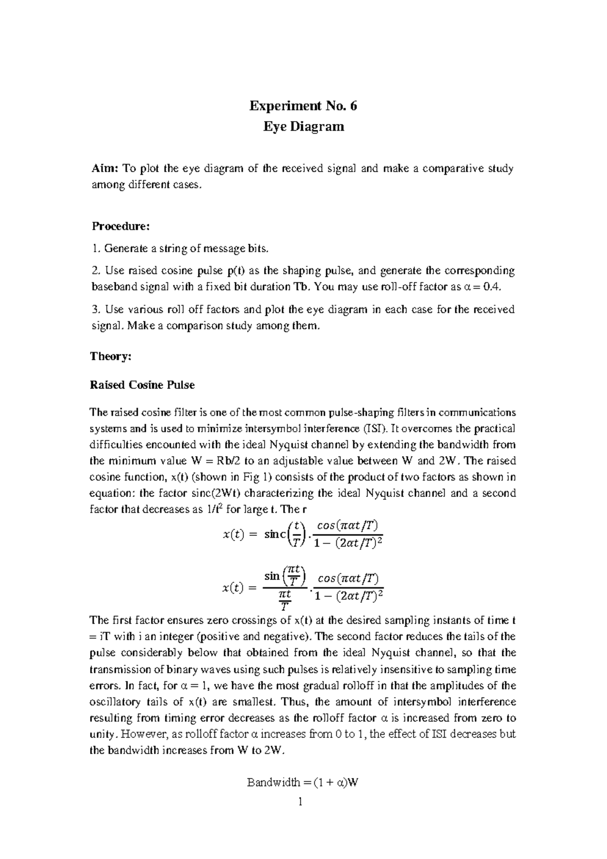 Experiment 6: Eye Diagram Analysis Using Matlab Simulations - Studocu